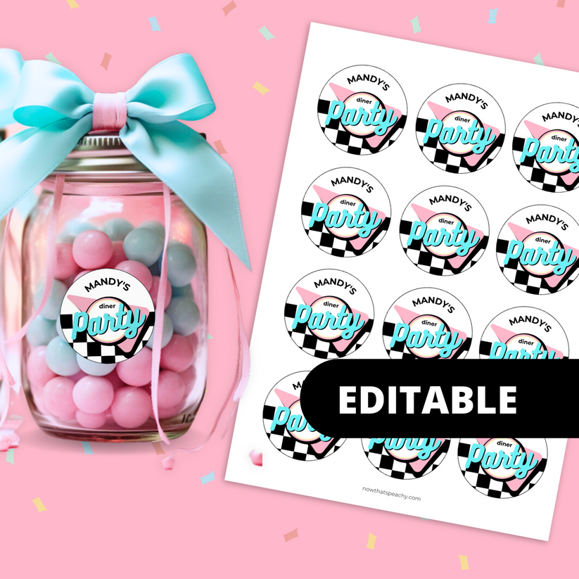 DINER Custom Name Favor Labels PRINTABLE Template, Sock hop Party Retro ...