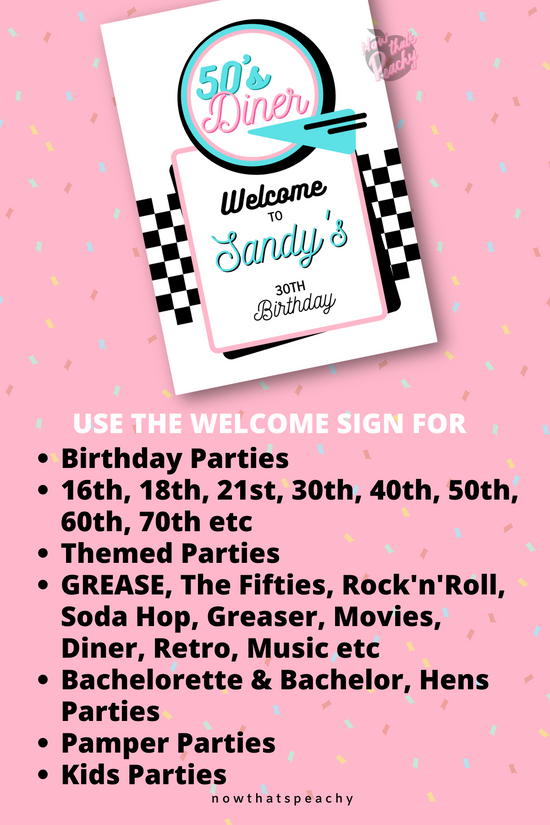 Custom DINER 50's Welcome Sign Party PRINTABLE, Rock'n'roll Soda Pop R ...
