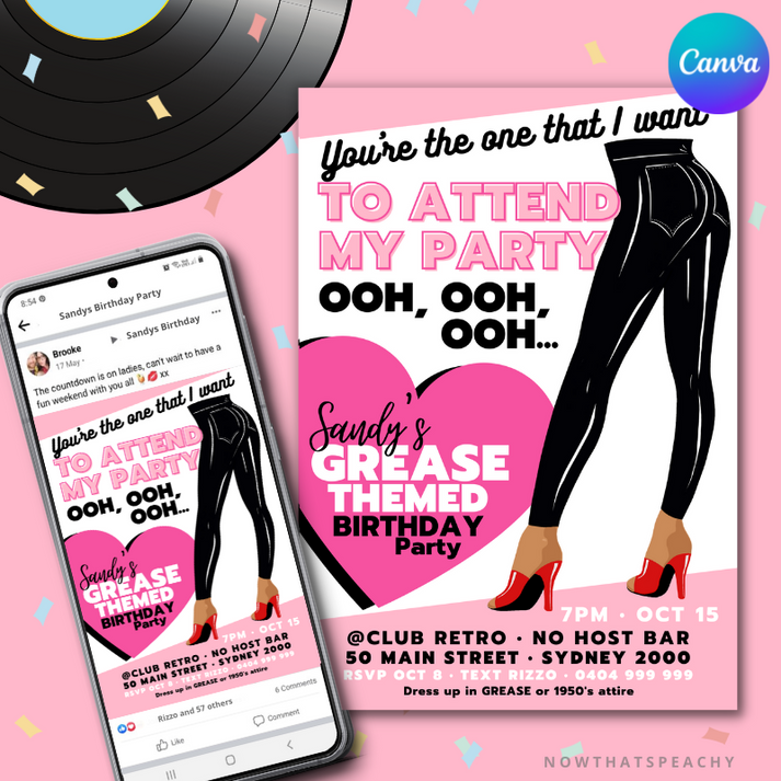 Grease INVITE Rock'n'roll PRINTABLE Black Women Birthday Party invitat ...