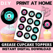 GREASE Movie Cupcake toppers PRINTABLE Rock'n'roll 50s record circles ...